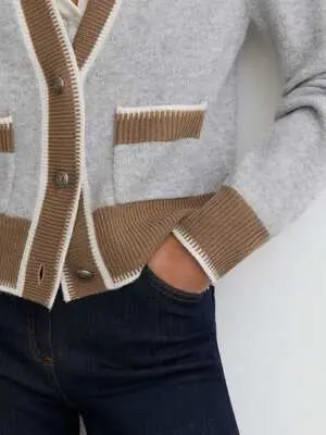 REISS Grey & Neutral Wool-cashmere Tipped Cardigan