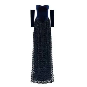 NUR KARAATA Navy Velvet Gown With Sequin Skirt And Gloves