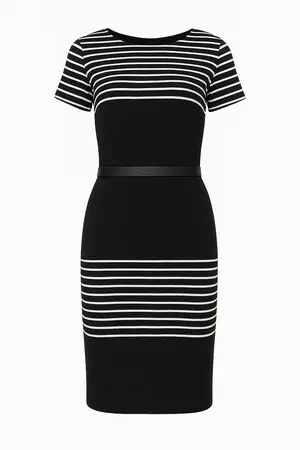 CONQUISTA Fitted Striped Midi Dress With Faux Leather Detail - Black