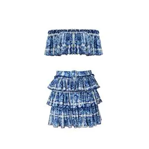 NUR KARAATA Helianthus Bleu Blanc Top & Skirt Set - Blue