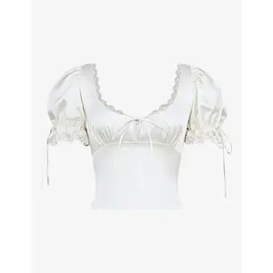 House Of Cb Elisabetta Puff-sleeve Lace-trim Woven Top - Ivory