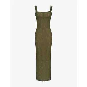 House Of Cb Aureliana Lace Scallop-trim Woven Maxi Dress L - Olive