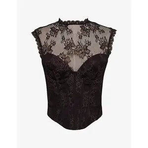 House Of Cb Serida Lace-embroidered Stretch-woven Corset Top - Chocolate Brown