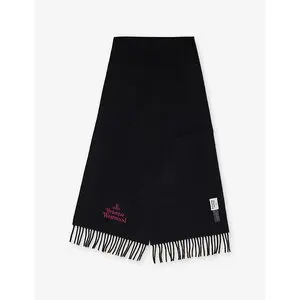 VIVIENNE WESTWOOD Brand-embroidered Fringed-trim Wool Scarf - Black