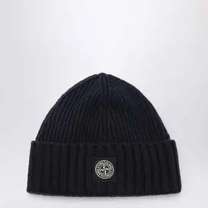 Stone Island Navy Wool-blend Beanie With Logo Patch - Blue