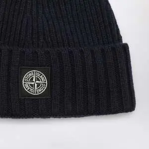 Stone Island Navy Wool-blend Beanie With Logo Patch