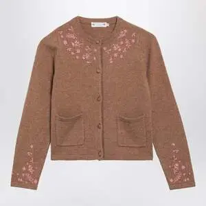 Bonpoint Beige Wool-blend Cardigan With Floral Embroidery - Brown