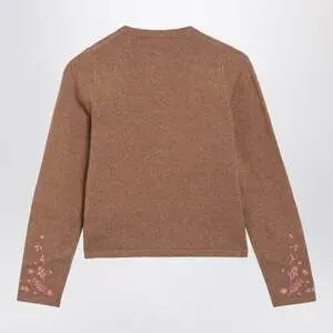 Bonpoint Beige Wool-blend Cardigan With Floral Embroidery