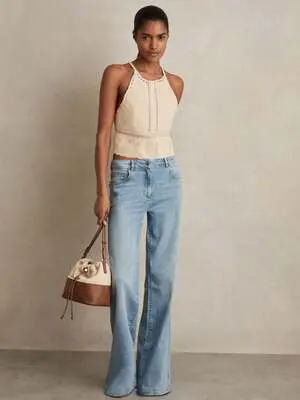 REISS Cotton Crochet Tie-back Cropped Top