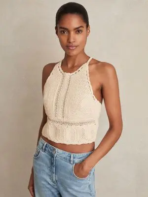 REISS Cotton Crochet Tie-back Cropped Top