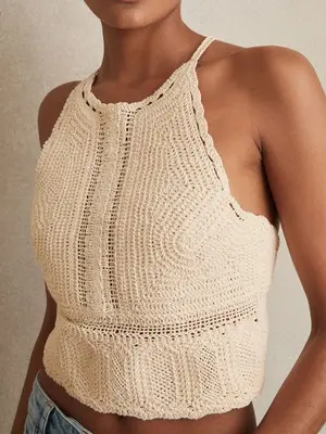 REISS Cotton Crochet Tie-back Cropped Top