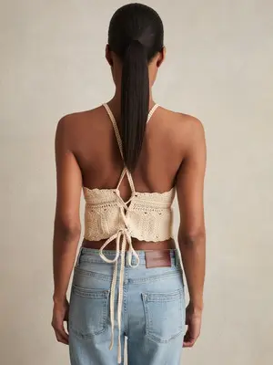 REISS Cotton Crochet Tie-back Cropped Top