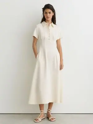REISS Button-neck Short-sleeve Midi Dress