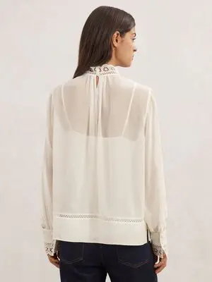 REISS Lace-trim Sheer Blouse