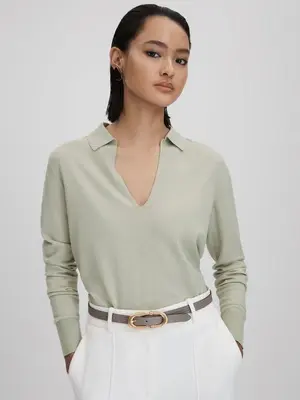 REISS Nellie Neck Top Lyocell Knitted - Sage