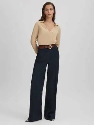 REISS Nellie Neck Top Lyocell Knitted - Stone