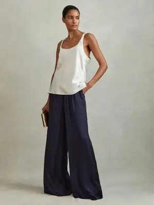 REISS Satin Elasticated Waist Wide Leg Trousers - Navy