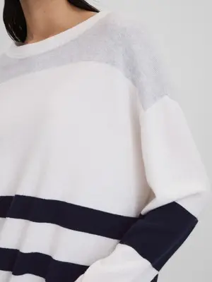 REISS White & Grey Wool Blend Striped Crew Neck Jumper