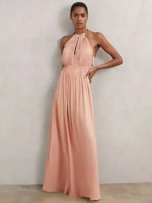 REISS Ruched Ring-detail Halterneck Maxi Dress - Pink