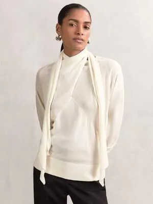 REISS Wool Scarf-tie Draped Jumper - Cream