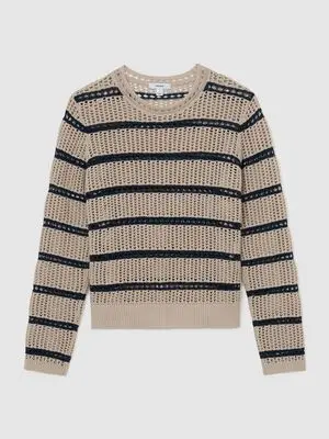 REISS Neutral & Navy Cotton-blend Open-knit Stripe Jumper
