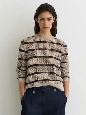 REISS Neutral & Navy Cotton-blend Open-knit Stripe Jumper