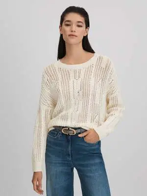 REISS Tanya Cotton Blend Open Stitch Crew Neck Jumper