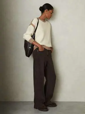 REISS Brown Wool Crew Neck Jumper - Cream