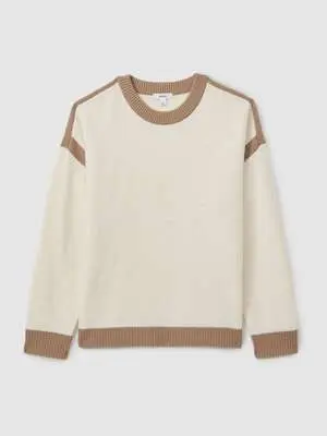 REISS Brown Wool Crew Neck Jumper - Cream/brown