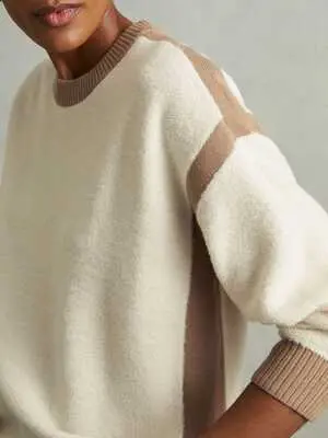 REISS Brown Wool Crew Neck Jumper - Cream/brown