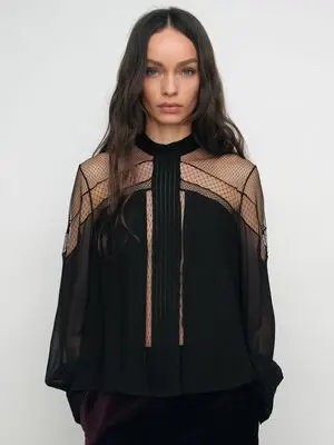 REISS Lace-insert Tie-back Blouse - Black