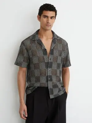 REISS Checkerboard Crochet Cuban Collar Shirt