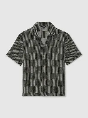 REISS Checkerboard Crochet Cuban Collar Shirt