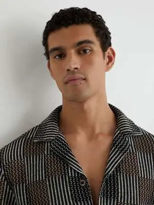REISS Checkerboard Crochet Cuban Collar Shirt