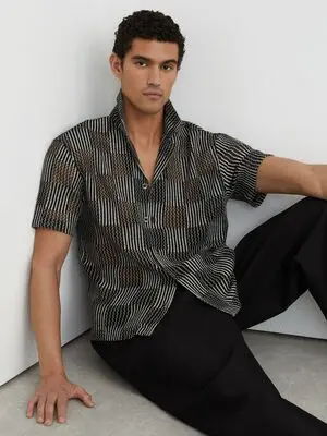 REISS Checkerboard Crochet Cuban Collar Shirt