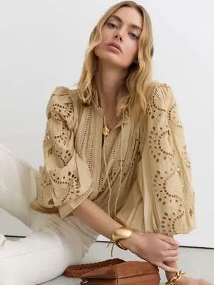 REISS Broderie Anglaise Tie-neck Blouse - Neutral