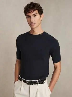 REISS Ribbed Knit Crew T-shirt - Navy