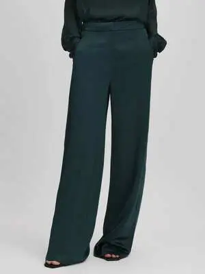REISS Satin Wide Leg Trousers - Green