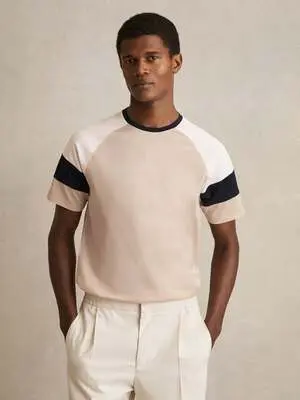 REISS White & Sage Mercerised-cotton Colourblock T-shirt - Sand/navy