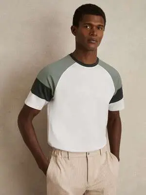 REISS White & Sage Mercerised-cotton Colourblock T-shirt - White/sage