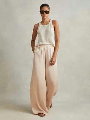 REISS Satin Elasticated Waist Wide Leg Trousers Beige