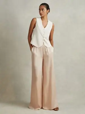 REISS Satin Elasticated Waist Wide Leg Trousers - Champagne