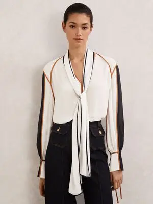 REISS Tipped Tie-neck Blouse