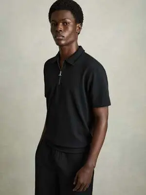 REISS Textured Half-zip Polo Shirt - Black