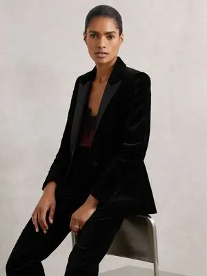 REISS Velvet Single-breasted Peak Lapel Blazer
