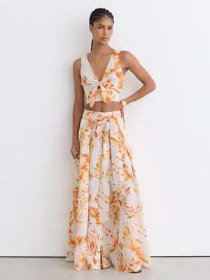 REISS Linen Floral Print Tie Front Top