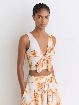 REISS Linen Floral Print Tie Front Top
