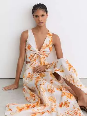 REISS Linen Floral Print Tie Front Top