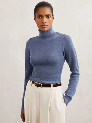REISS Wool Epaulette Roll-neck Jumper - Blue