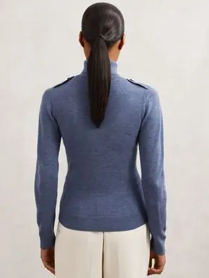 REISS Wool Epaulette Roll-neck Jumper - Blue